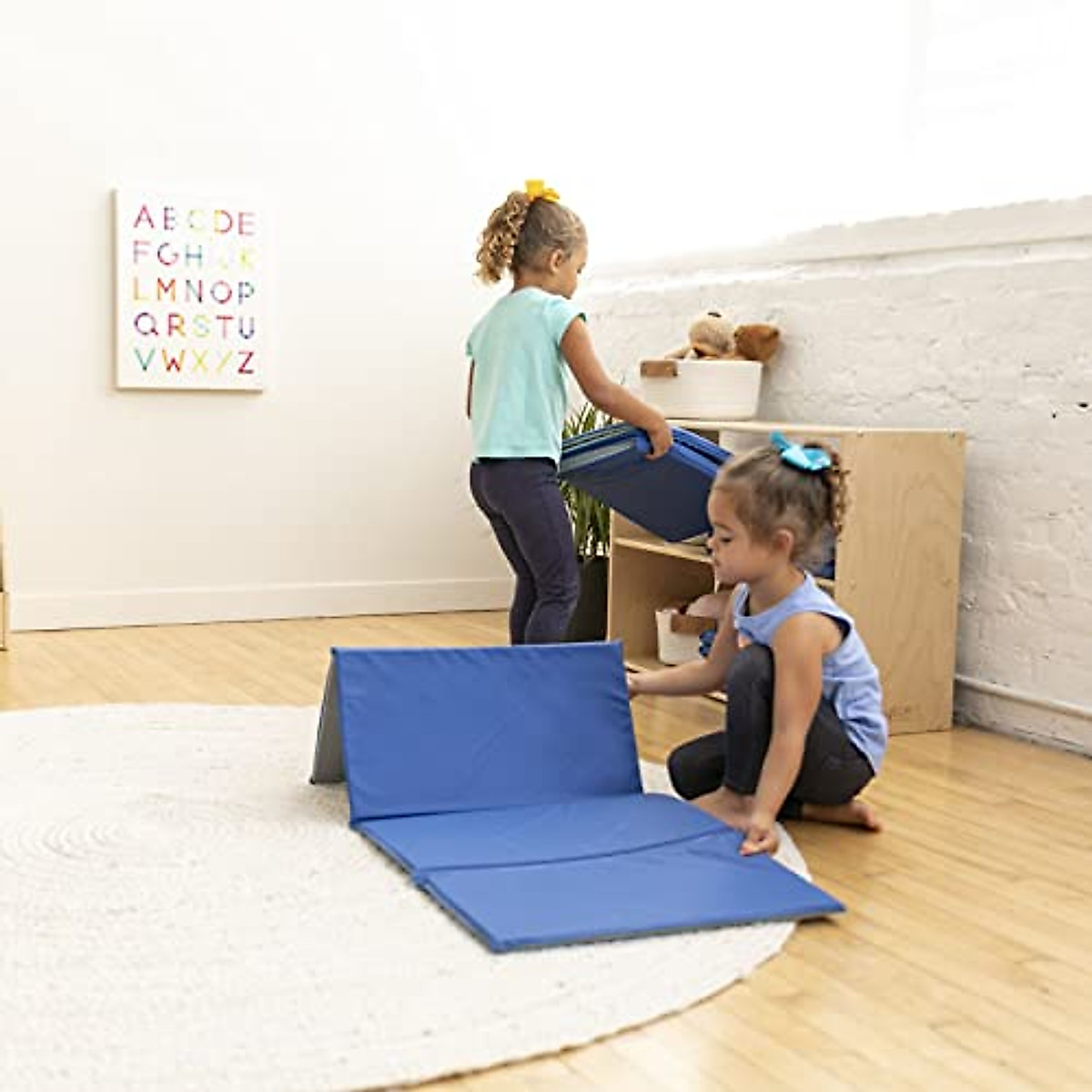 ECR4Kids Everyday Folding Rest Mat, 4-Section, 5/8in, Sleeping Pad, Blue/Grey, 1-Piece