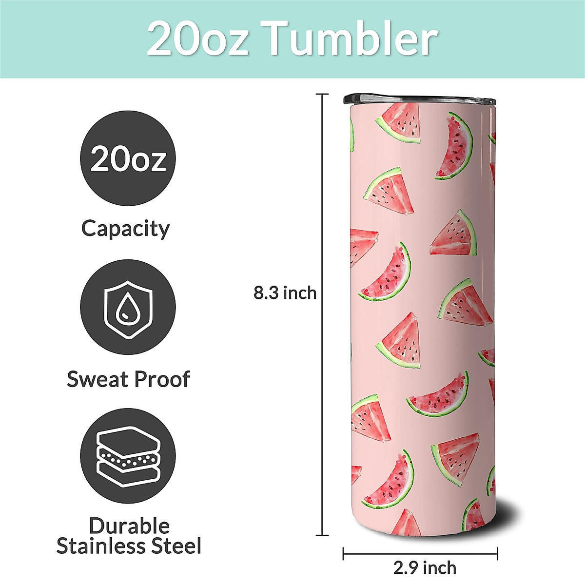 owbgsdh 20 oz Watermelon Skinny Tumblers with Lid and Straw, Watermelon Stainless Steel Vacuum Insulated Travel Coffee Mug Cup Water Bottle, Watermelon Decor Stuff Accessories, Gifts for Women Girls