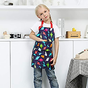 Nidoul Kids Apron for Boys Girls, Adjustable Childs Chef Apron with Pocket, Kitchen Bib Apron for Cooking Baking Art Painting Gardening-Dinosaur, 6-12Years