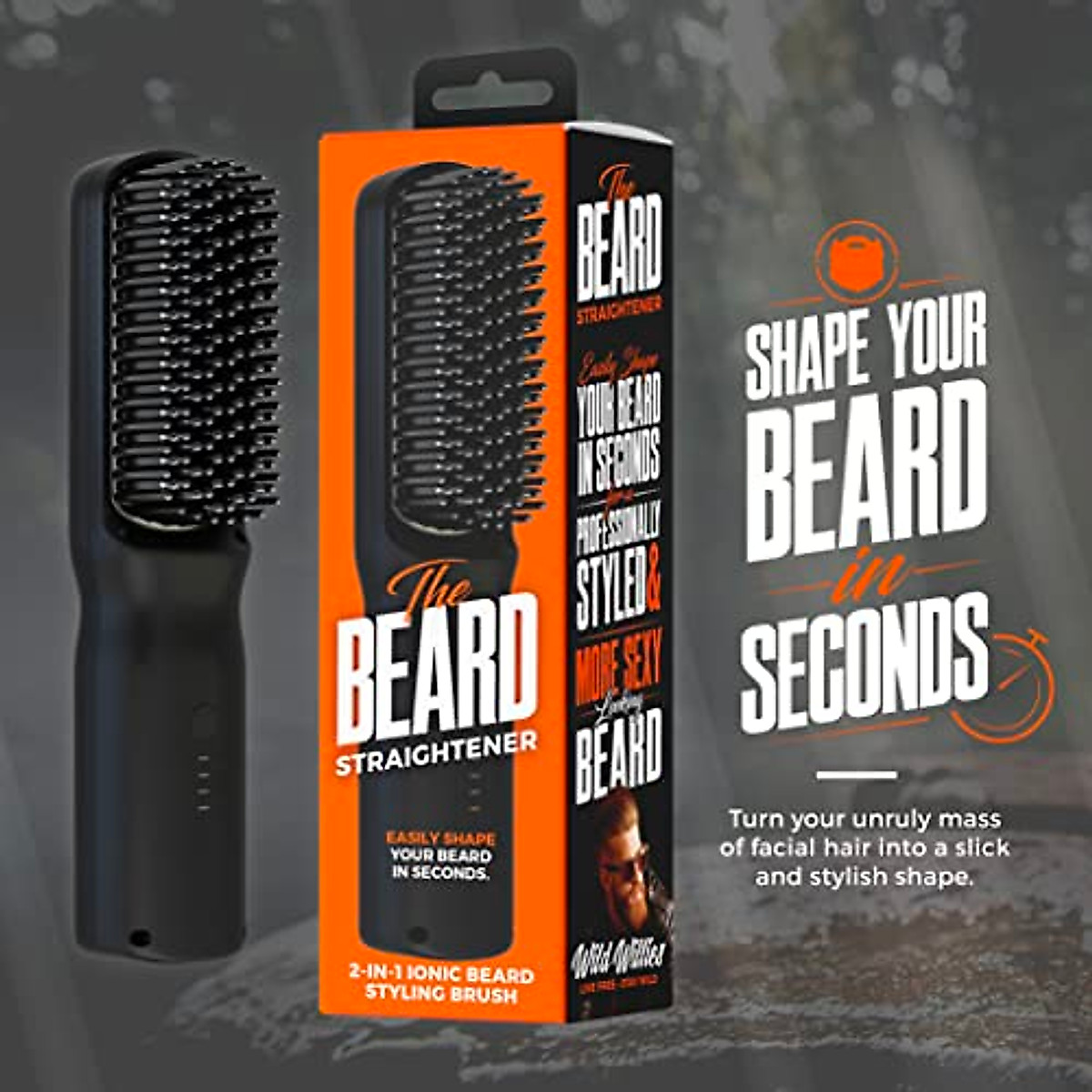 Beard Straightener Brush for Men by Wild Willies - 2-in-1 Ionic Styling Brush, 3 Temperature Settings for Beard & Hair - Anti-Scalding & Ionic Technology Eliminates Frizz - Beard Straightening Comb