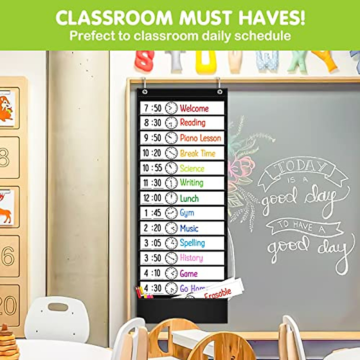 EAMAY Daily Schedule Pocket Charts, Teacher Schedule Chart with Resuable 18 Custom Cards, Classroom Pocket Chart for School Office or Homeschool Activities, Black