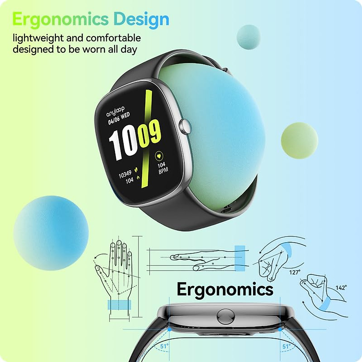 anyloop Smart Watches for Men Women with 24/7 Heart Rate Blood Oxygen Monitor Sleep Tracking, 46mm 1.3oz Step Calorie Counter Fitness Watch Activity Trackers for iOS and Android Phones