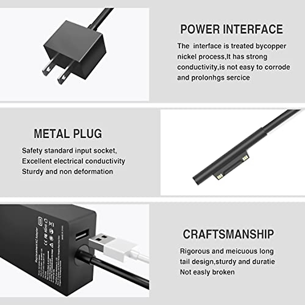 65W Surface pro Charger Replacement for Microsoft Surface Pro 9 8 7+ 7 6 5 4 3 X,Windows Surface Laptop 5 4 3 2 1 Studio, Surface Go Tablet, Surface Book 3 2 1,Support 44W,36W,24W Adapter