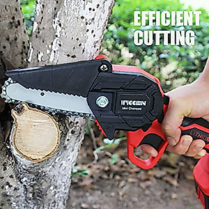 Mini Chainsaw 4-Inch with 2 Battery, Cordless Saw with 2 Chains Security Lock, Hand Held Small Rechargeable Chainsaw for Wood Cutting Tree Trimming Red with Box