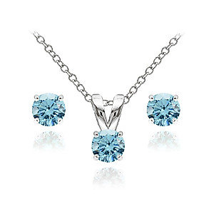 B. BRILLIANT Sterling Silver Solitaire Light Blue European Crystals Necklace & Stud Earrings Jewelry Set for Women | March Birthstone