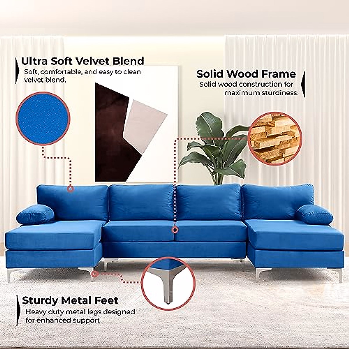 Casa Andrea Milano U-Shape Velvet Fabric Sectional Sofa Couch with Double Extra Wide Chaise, Couch for Living Room Apartment Lounge, Navy