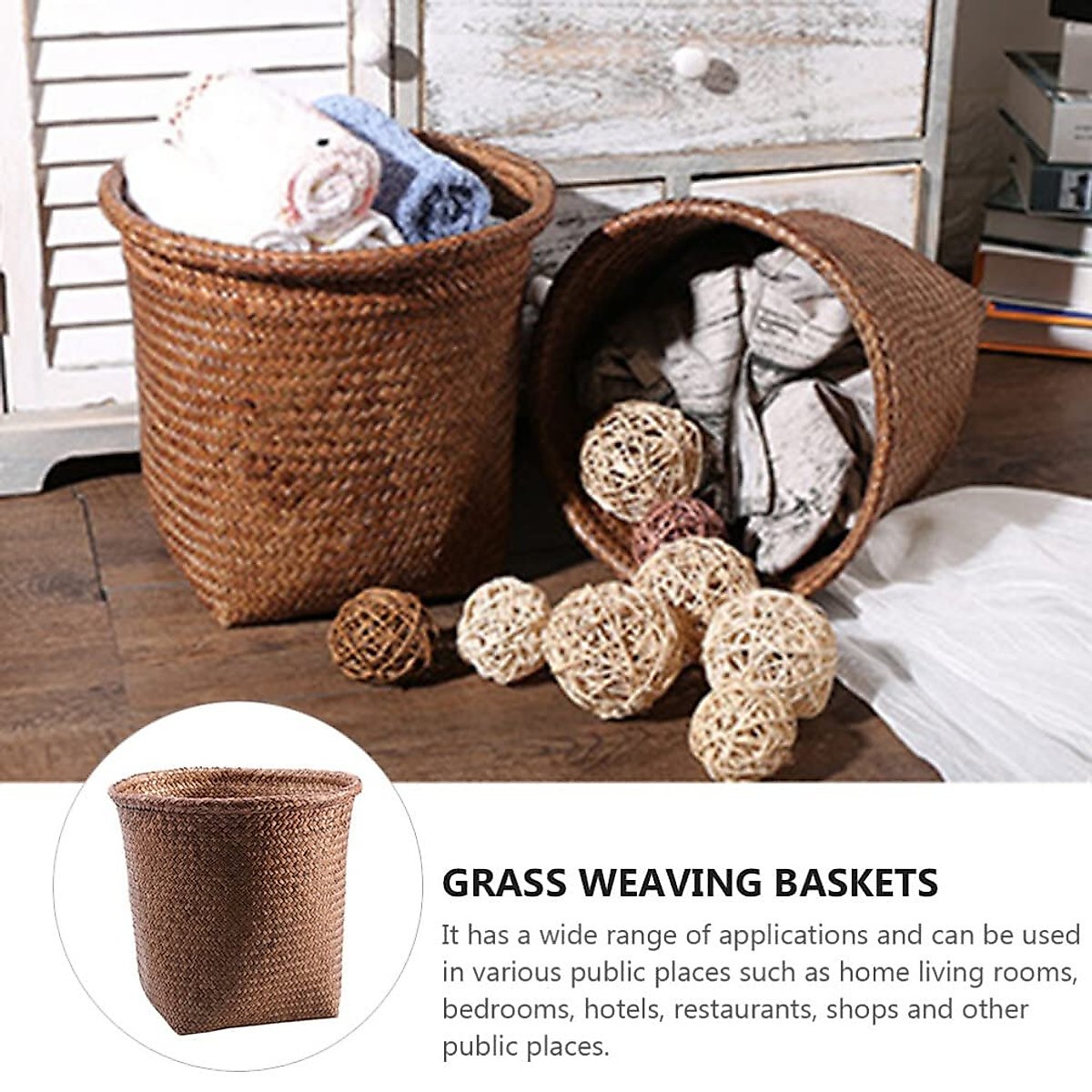 1Pc Straw Woven Wastebasket Retro Garbage Can Straw Rubbish Container Wicker Waste Basket（Small）