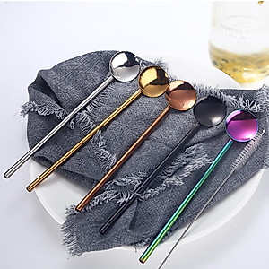 AKOAK 5 Pcs Stainless Steel Straw Spoon, Tea Spoon with Straw, Reusable Metal Cocktail Spoon, Perfect for Iced Coffee, Iced Tea, Juice, Smoothies, Milkshakes, for Drinking, Mixing and Stirring