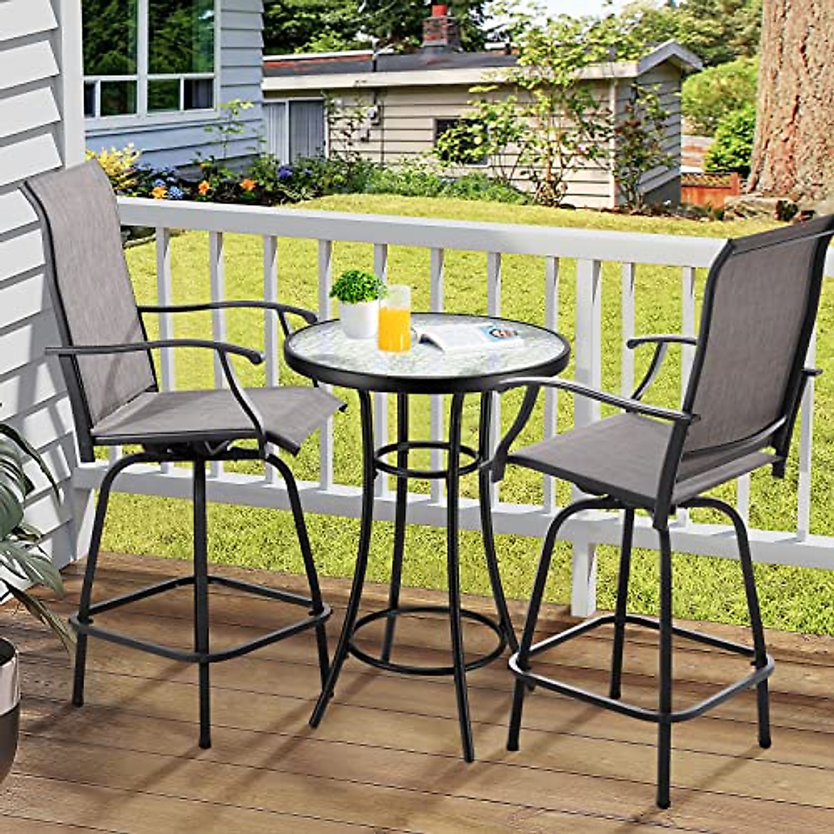 Kingdely Outdoor Bar Height Bistro Table, Round Tempered Glass Patio Table, Steel Frame Patio Furniture for Backyard, Lawn, Balcony, Pool, Black