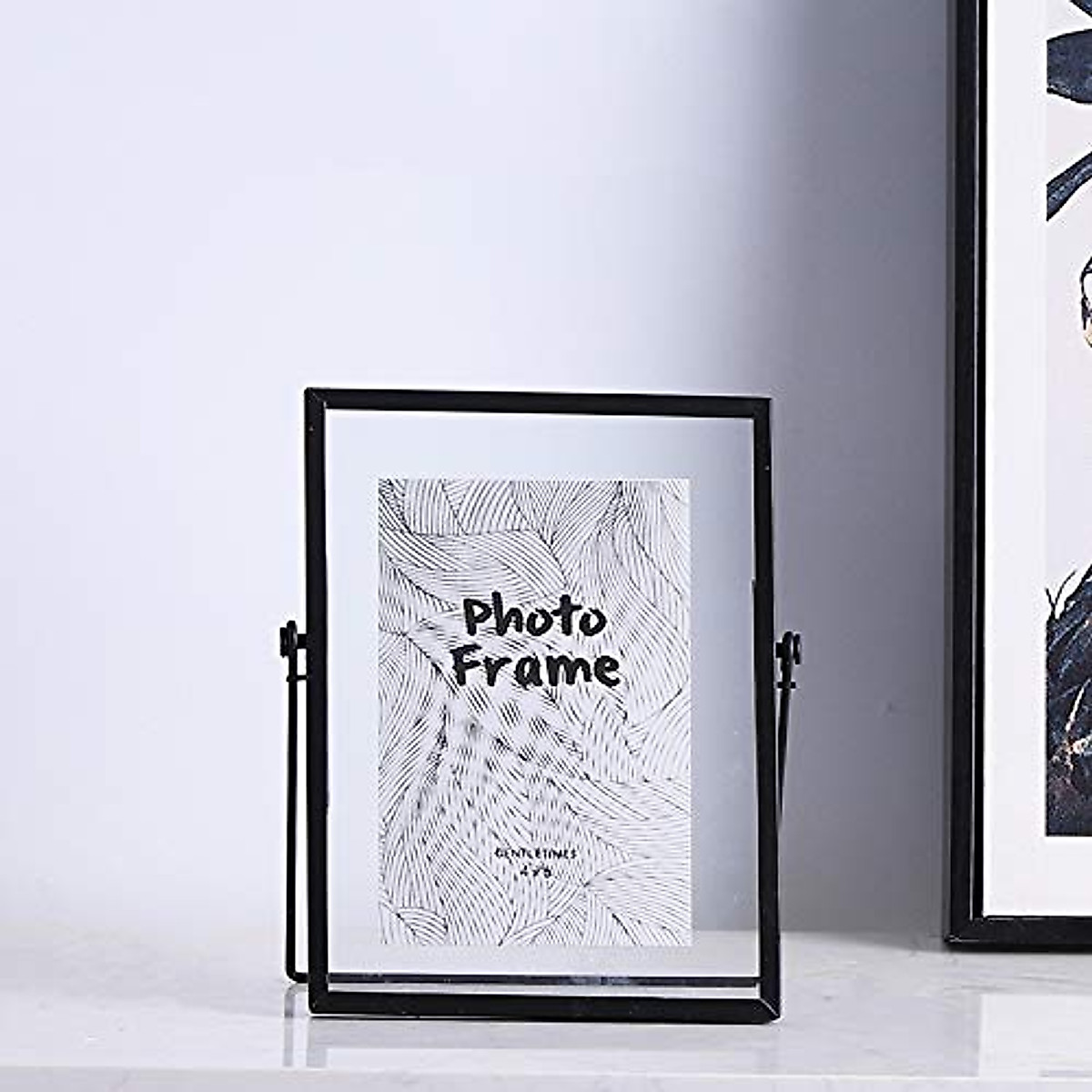XIAOHONG 2 Pack 4x6 Metal Floating Glass Picture Frame with Metal Easel (Vertical), Simple Metal Geometric Picture Frame for Photos, Art, Tabletop Display (Black)