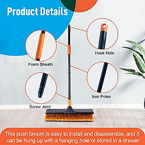 CLEANHOME 18" Push Broom Outdoor for Floor Cleaning with Extendable Long Handle, Stiff Bristle Heavy Duty Broom for Bathroom, Kitchen, Tub, Tile, Patio, Deck, Concrete, Industrial