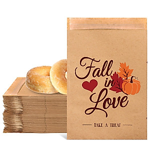 Whaline 100 Pack Fall Wedding Favor Candy Bags Fall in Love Treat Bags Pumpkin Maple Leaves Self-Adhesive Buffet Kraft Paper Cookie Bags Party Favor Snack Bags for Autumn Wedding Gift, 5x7.1 Inch