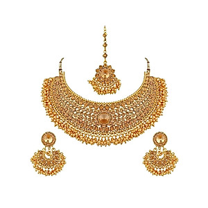 Efulgenz Indian Jewelry Sets for Women Gold Tone Indian Bollywood Traditional Crystal Pearl Wedding Choker Necklace Earrings Maang Tikka Jewelry Set Indian Bridal Jewelry