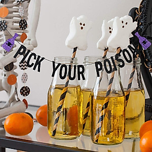 Black Glitter Pick Your Poison Banner Potion Bar Banner, Pick Your Poison Sign Halloween Party Banner for Haunted Mansion Home Halloween Hocus Pocus Party Decorations