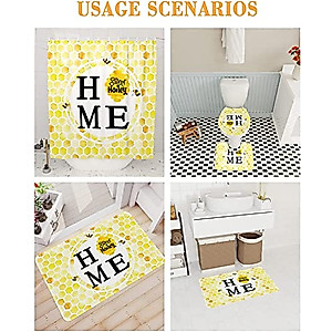 Honeycomb 4 Pieces Shower Curtain Sets with Non Slip Rugs Toilet Lid Cover and Bath Mat, Yellow Honeycomb with Bee Watercolor Bathroom Decor Set with 12 Hooks, 72" x 72"
