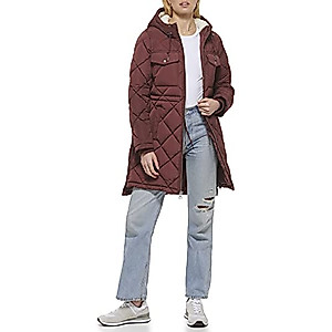 Levi's Women's Soft Sherpa Lined Diamond Quilted Long Parka Jacket (Standard & Plus Sizes), Merlot, Medium