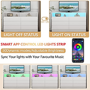 Loomie 6 Drawer Dresser for Bedroom, Wide Chest of Drawers with Charging Station and LED Lights, Traditional Bedroom Furniture, Modern Storage Dresser TV Stand for Living Room (White)