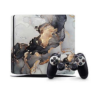 ZOOMHITSKINS Compatible with PS4 Slim Skin, Silver Grey Marble Gold Black Quartz, Durable & Fit, 3M Vinyl, Made in The USA