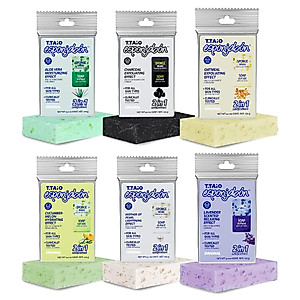 T.Taio Esponjabon Soap Sponge Variety Pack - Shower Scrubber & Bath Wash Scrub - Massage Face - Bathroom Accessories - Mother of Pearl, Aloe Vera, Lavender, Charcoal, Cucumber-Melon, Oatmeal (6 Pack)