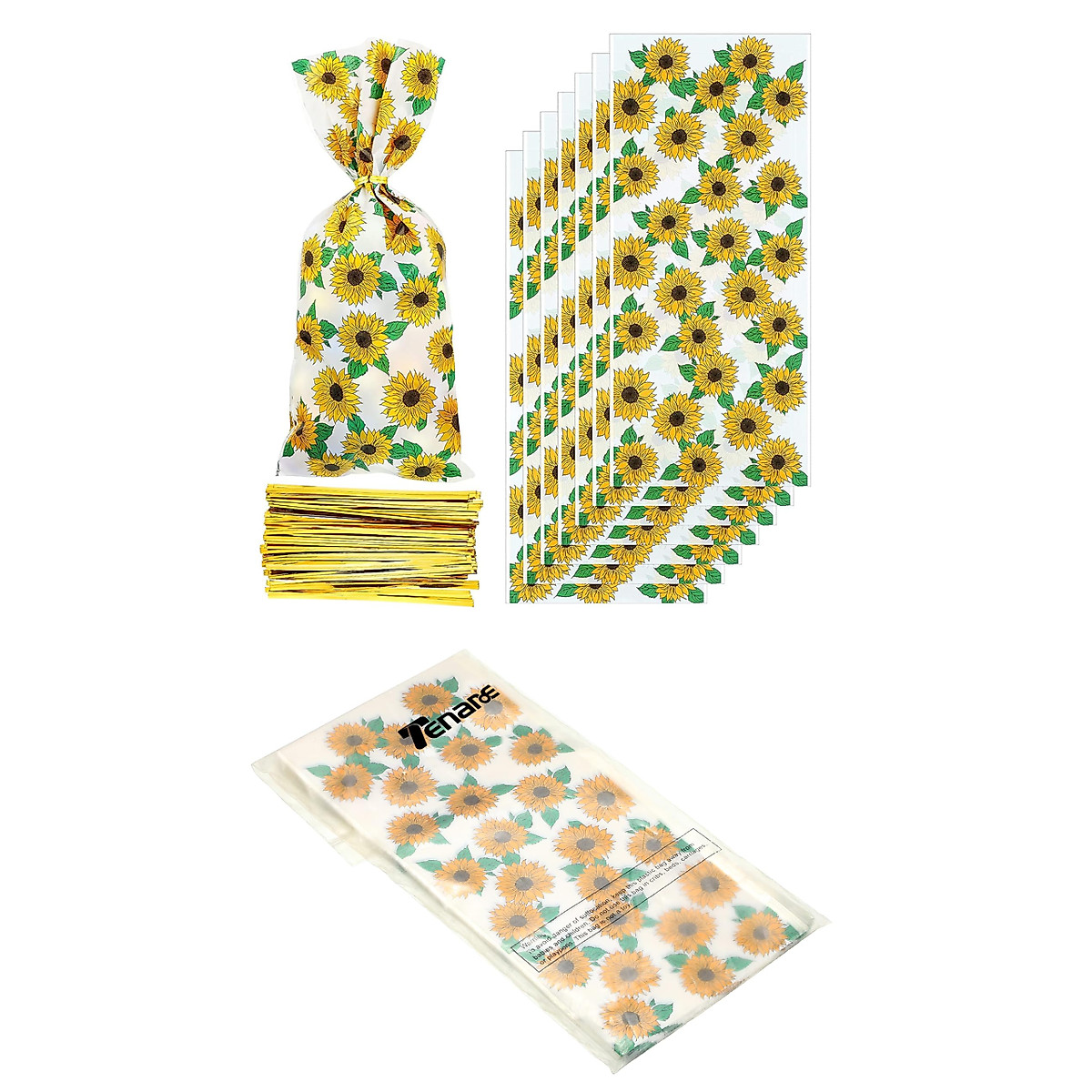 100 Pieces Sunflower Cellophane Bags Sunflower Party Reception Bags Sunflower Party Treat Candy Bags Sunflower Plastic Goodie Storage Bags with 150 Pieces Gold Twist Ties for Party Favors
