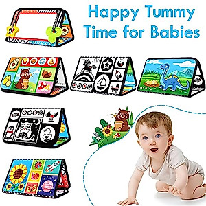 Aboosam Tummy Time Baby Mirror Toys 0-6 6-12 Months High Contrast Infant Toys Brain Development with Crinkle Cloth Book and Teether - Montessori Newborn Sensory Toys for Babies Boys Girls Gifts