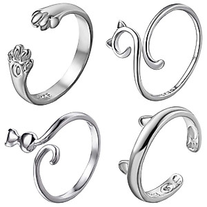RINHOO FRIENDSHIP 4Pcs Cute Cat Rings Silver Plated Pet Open Adjustable Finger Statement Ring for Women (SET 1)