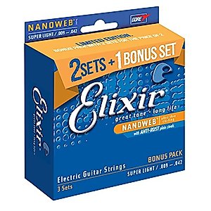 Elixir® Strings 16540 Electric Guitar Strings with NANOWEB® Coating, 3 Pack, Super Light (.009-.042)
