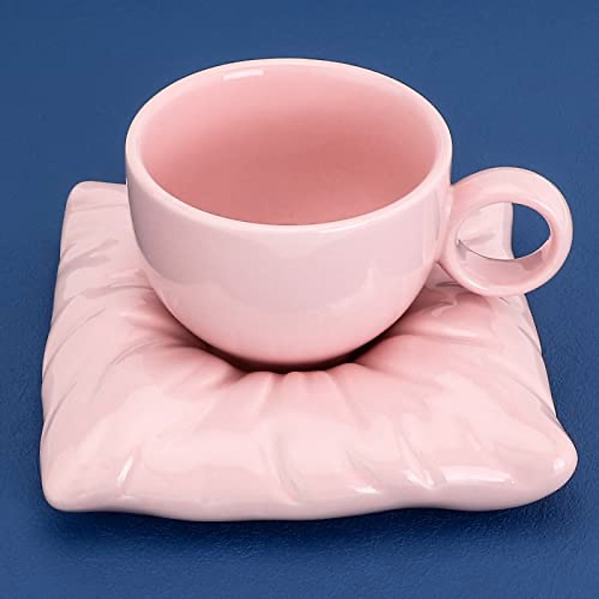 Veisky Ceramic Coffee Mug with pillow Coaster Coffee Spoons 6.7 oz/200 ml Cute Mugs Creative Coffee Milk Tea Mug Home Office Reusable Novelty Coffee Mugs for Kitchen Table Tea Milk (pink)