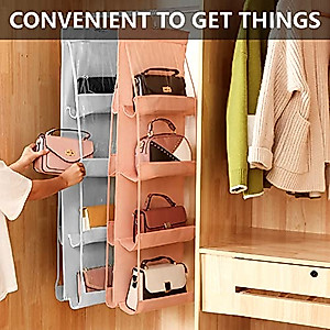 2 Pack Hanging Purse Handbag Organizer,Thickened Oxford Cloth+PVC Hanging Purse Organizer Handbag Storage Hanger Organizer 8 Clear Pockets ,Wardrobe Closet Space Saving Organizers,Washable(Pink+Grey)