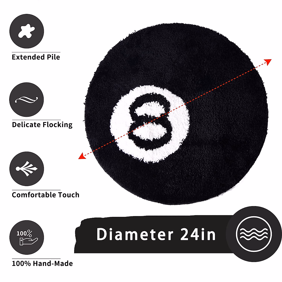 colorthesports 8 Ball Rug, 24" Black Round Rug Billiard Pool 8 Ball Carpet, Non-Slip Flocking Floor Area Rug for Living Room Decor, Alt Room Decor Soft Doormat for Bedroom
