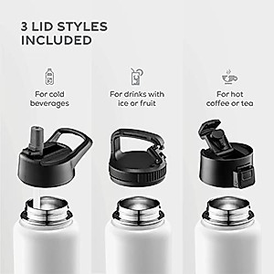 FineDine Triple Walled, Insulated Water Bottles with Straw - 25 Oz Stainless Steel Metal Bottle W/ 3 Leak Proof Lids - For Travel, School, Sports, Gym/Men, Women & Kids - Pure Pearly White
