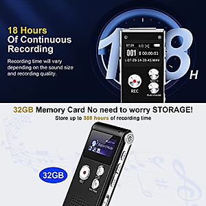 32GB Digital Voice Recorder - Voice Activated Recorder with Playback, Portable Tape Recorder for Lectures, Meetings, Interviews, Audio Recorder with Microphone USB Cable, MP3 Player