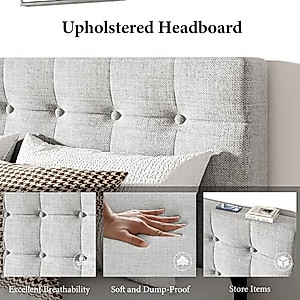 UNIZONE Queen Size Bed Frame with Button Tufted Upholstered Headboard, Linen Platform Bed with Wood Slats Support, Mattress Foundation, No Box Spring Needed, Easy Assembly, Light Grey
