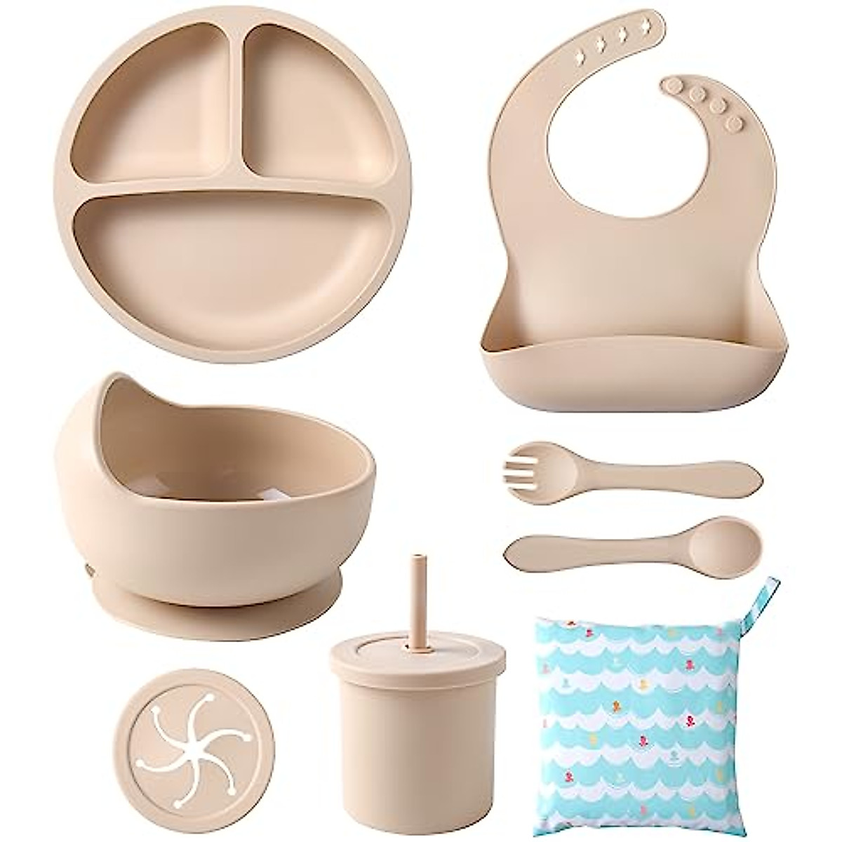 ECLIP Silicone Baby Feeding Set, 10 Pcs Baby Led Weaning Supplies with Suction Bowl Divided Plate Adjustable Bib Soft Spoon Fork Snack Cup with Lid Drinking Cup, Utensil (Beige)