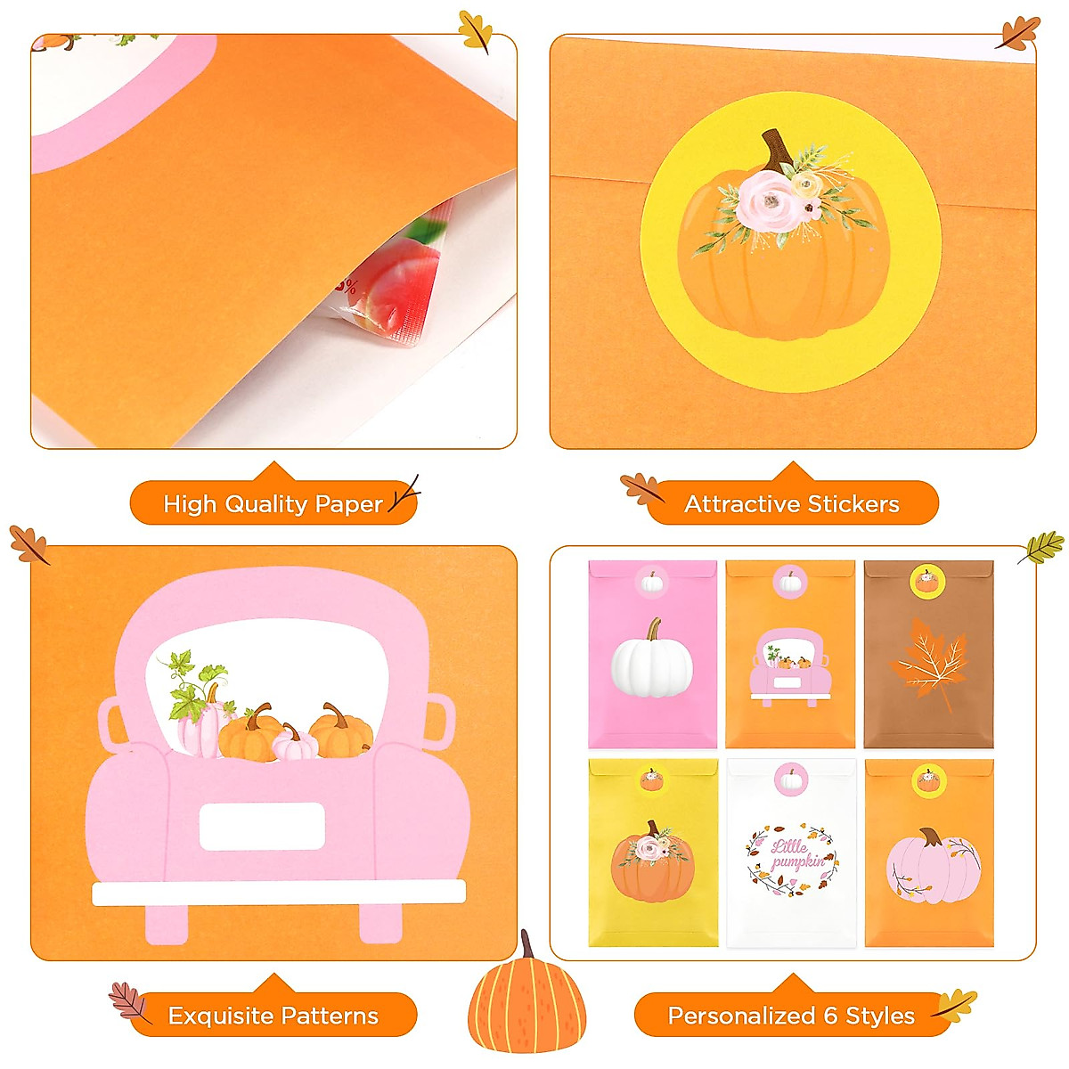 48Pcs Little Pumpkin Party Favor Bags, Pink Pumpkin Candy Bags Halloween Goodie Gift Bags with Stickers for Girl Fall Baby Shower Little Pumpkin Baby Shower Fall Birthday Thanksgiving Party Favor