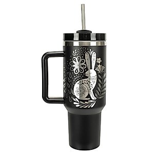 Elanze Designs Woodland Bunny Rabbit Flower Garden 40 oz. Stainless Steel, Large Water Bottle Coffee Mug, Spill & Leak Resistant, Thermal Travel Tumbler with Handle, Lid & Straw, Black