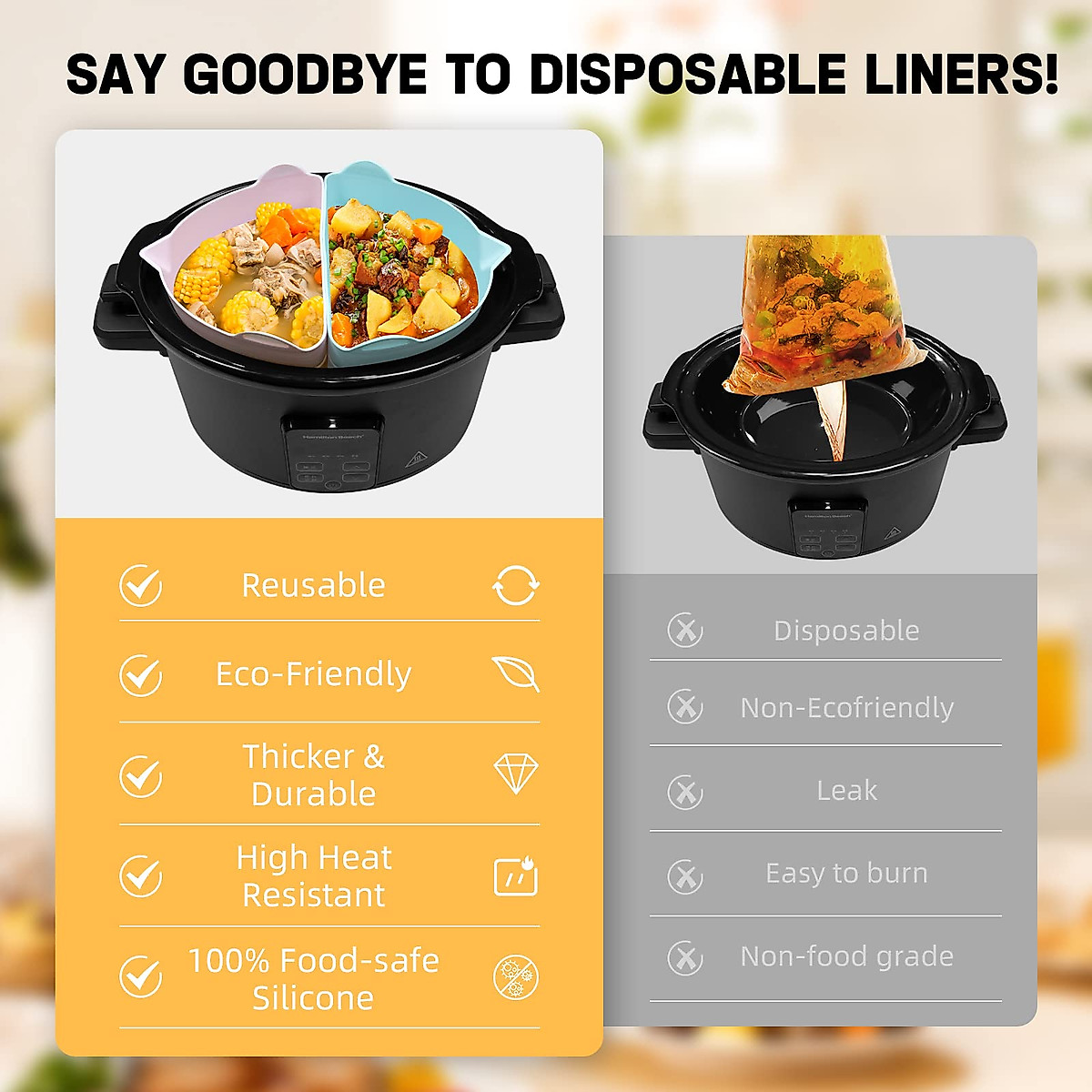 Silicone Crock Pot Liner-Crockpot Divider Insert Fit 6-8 Quarts, Reusable Slow Cooker Silicone Liner, Foldable&Dishwasher Safe (Blue+Pink)