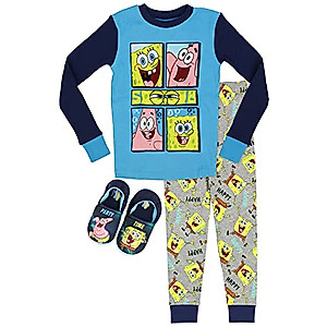 Spongebob Squarepants Boys 2 Piece Pajama Set with Slippers, Size 8 Navy