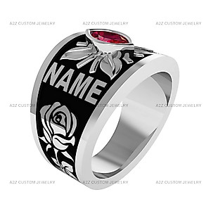 A2Z CUSTOM JEWELRY Personalized Sterling Silver Women's High School Graduation Class Ring with Birthstone, Name/Year/Degree and Flower Rose Shank