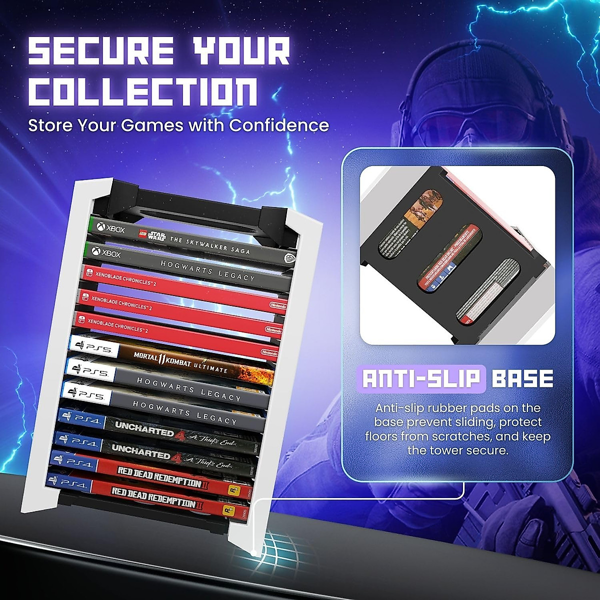 TNP Universal Video Game Storage Tower for PS5, PS4, PS3, Nintendo Switch, Xbox One, Xbox Series S/X - White Video Game Holder Organizer Stand with 12 CD Case Storage for Organizing & Displaying