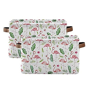Kigai Jungle Foliage Flamingo Storage Bins for Shelves, Storage Basket with Double Handle, Foldable Storage Cubes with Metal Frame, Rectangular Closet Organizer Containers for Home Bedroom