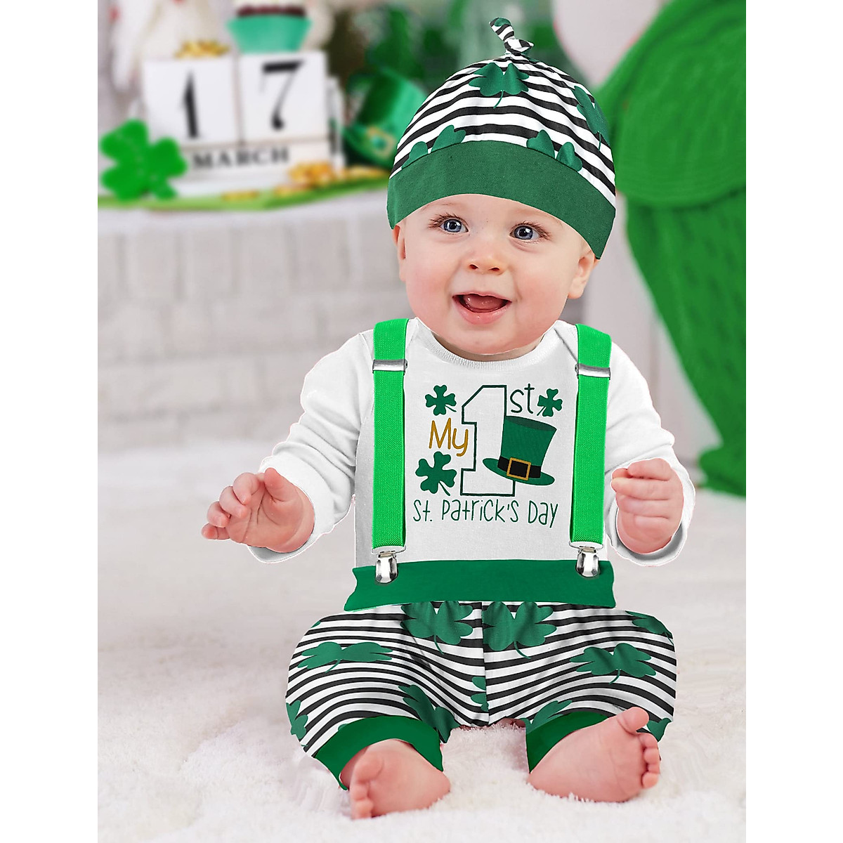 AGAPENG St Patricks Day Baby Boy Outfit Baby St Patricks Day Outfit Boy 3-6 Months Baby Boy St Patricks Day Outfit My First St Patricks Day 1st Romper Four Leaf Clover Suspenders Pants Stripe Hat