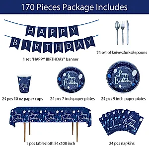 Navy Blue Birthday Party Decorations with Silver Stamped Tableware Set includes; Starry Theme Tablecloth, 9" and 7" Plates, Cups, Napkins, Utensils and Happy Birthday Banner -24 Guest
