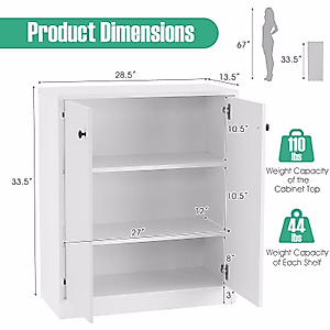 Giantex 2 Door Storage Base Cabinet - Freestanding Floor Cabinet with 3-Tier Shelf, Non-Slip Foot Pads, Kitchen Cupboard Storage Organizer for Living Room, Hallway, Entryway, Office (White)