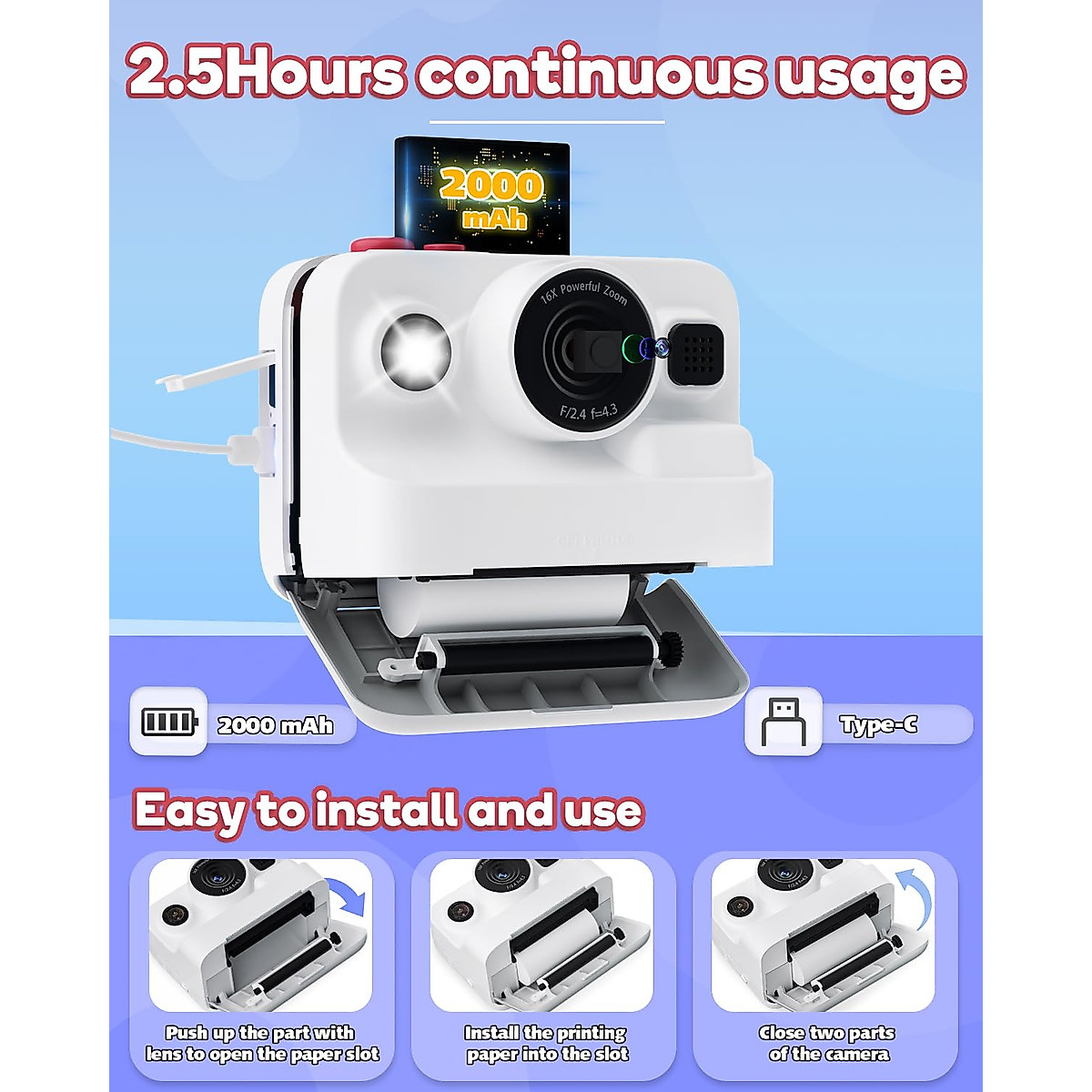 Dylanto Instant Print Camera for Kids,2.4 Inch Screen Kids Instant Cameras, Christmas Birthday Gifts for Girls Age 3-12, Portable Toddler Toy for 3 4 5 6 7 8 9 10 Year Old Girls Boys White