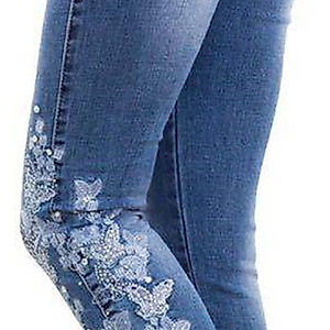 Women's Floral Embroidered Jeans Mid Rise Skinny Stretch Denim Pants Vintage Printed Slim Fit Tapered Leg Jean (Blue,X-Large)