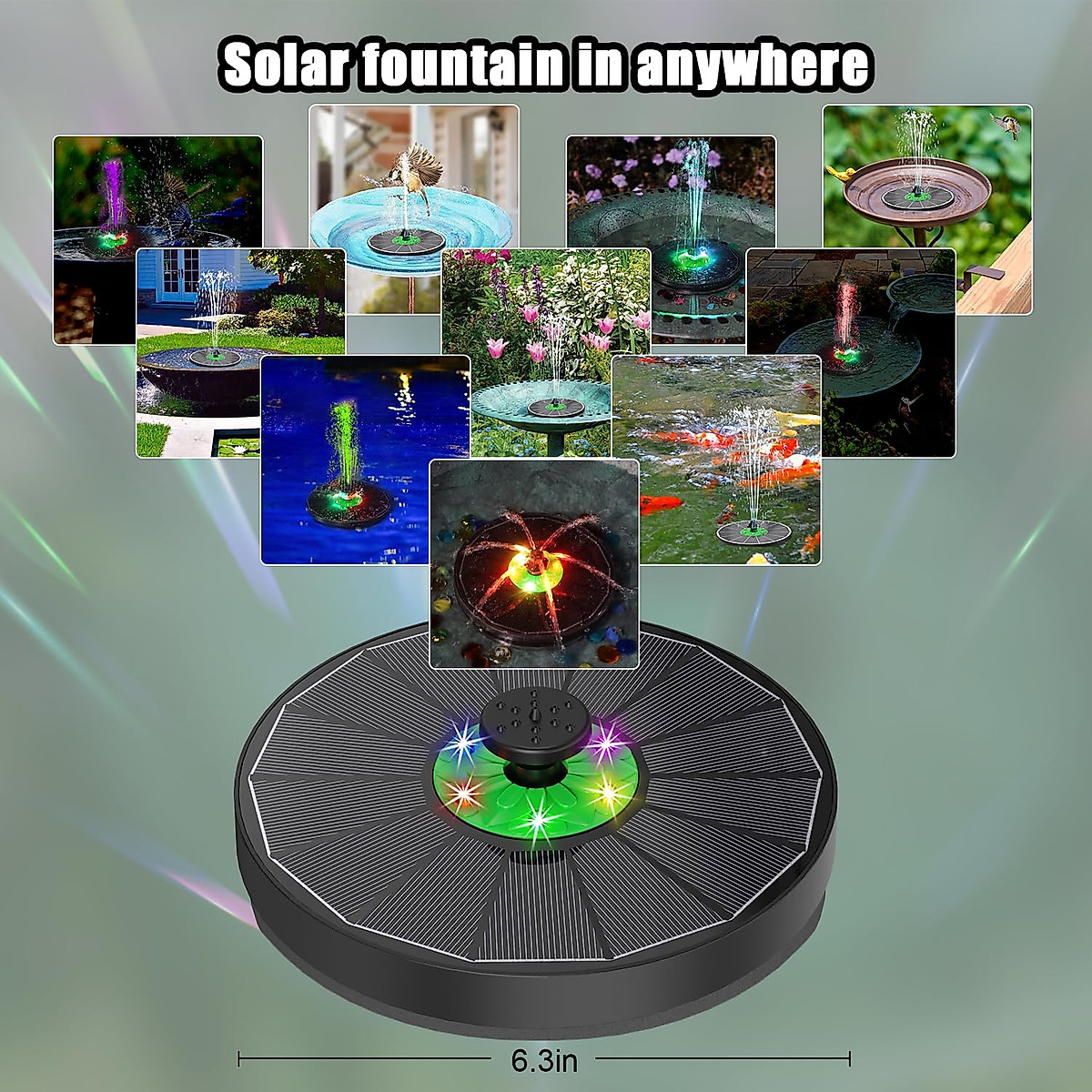 Yzert Solar Fountain with LED Lights Green Flower, 3.5W Glass Solar Bird Bath Fountains Pump with 2200 mAh Battery, Solar Water Fountain for Bird Bath, Garden, Outdoor, Pond -Black Panel Colorful