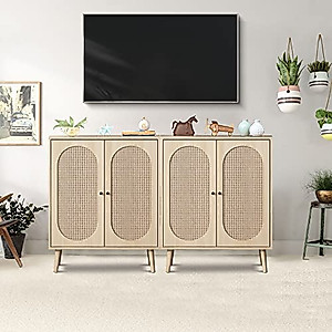 Rattan 2 Doors Buffet Sideboard Cabinet, 2 Tier Adjustable Shelves Accent Cabinet, Free Standing Console Table Sideboard Buffet Cabinet for Entryway Kitchen Dining Room, Natural