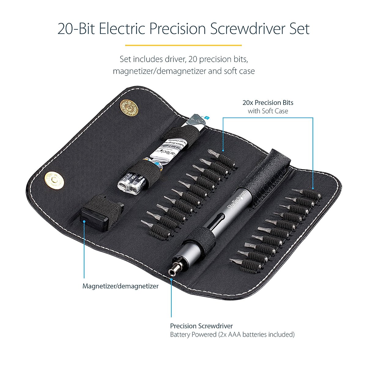 StarTech.com 20-Bit Electric Precision Screwdriver Set - Portable/Mini Battery Powered Bit Driver Kit for Electronics, Laptop, Computer, Tablet & Phone Repairs - Magnetic - Cordless, TAA