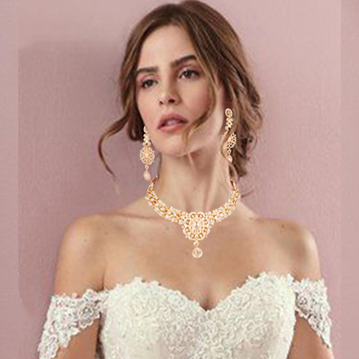 Touchstone Indian Bollywood Contemporary Fabulous Style Definition Rhinestone Designer Jewelry Wedding Necklace Set In Gold Tone For Women.